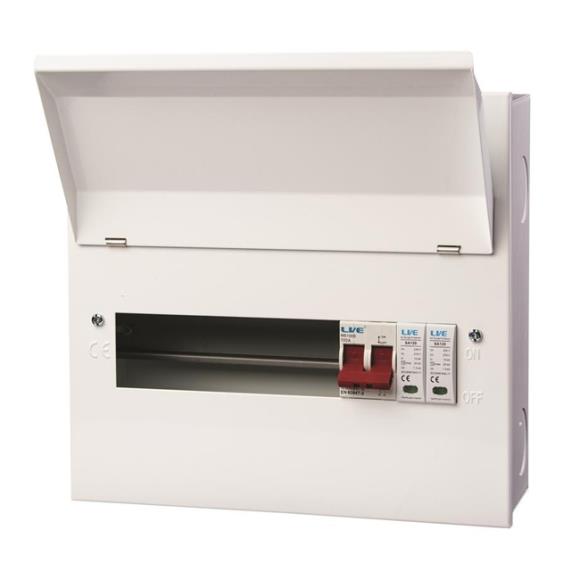 Live 10 Way Metal SPD Consumer unit with 8 A Rated RCBOs & 100A Main Switch