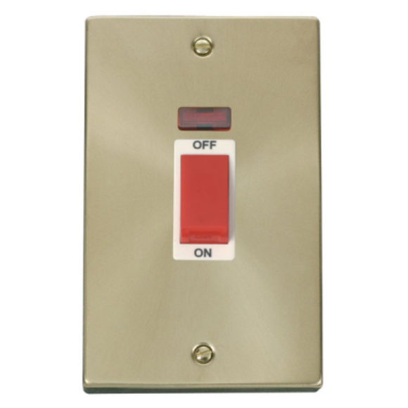 Click VPSB203WH 45A 2G DP Plate Switch with Neon - Satin Brass White Insert